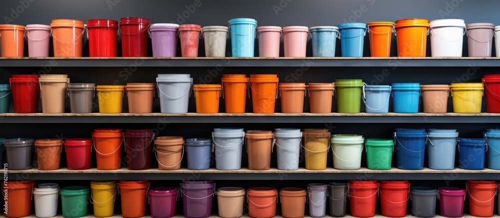 display of hardware store shelves with various types of wall paint in ...