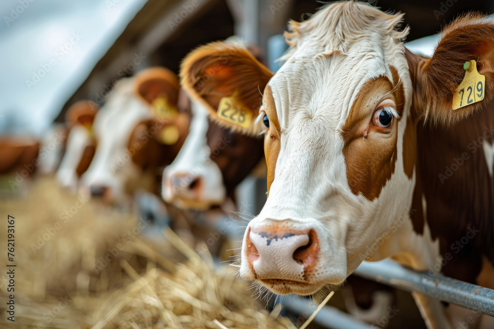 Three cows are standing in a pen with hay. One cow has a white face and ...