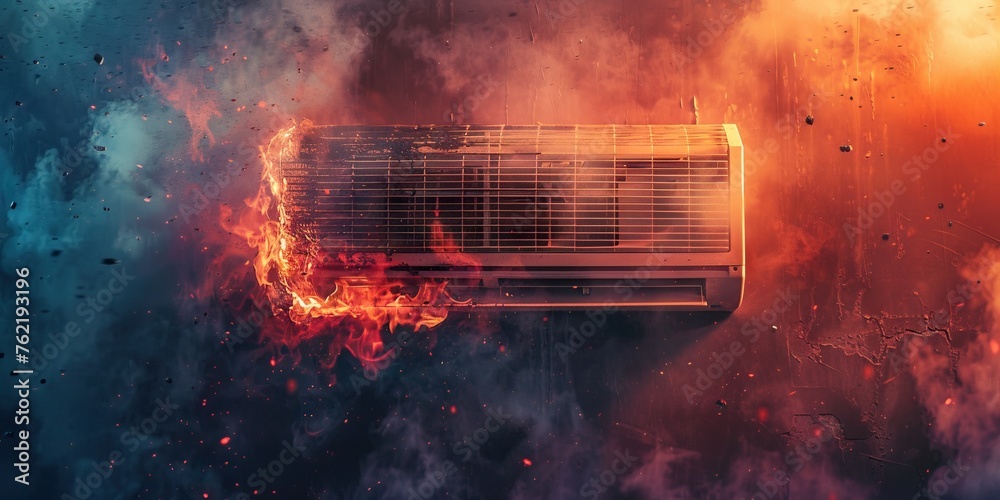 Air conditioner in a fiery meltdown, a stark symbol of appliance ...
