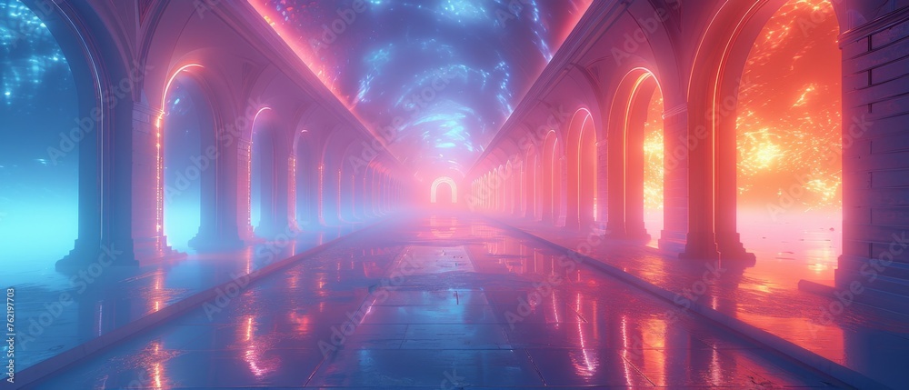 Immersive 3D neon blue glowing labyrinth teeming with transcendent ...