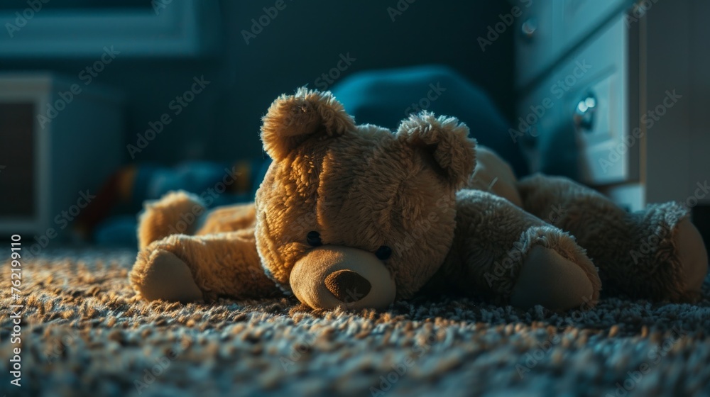 Teddy bear is laying down on carpet in cinematic tone, Dramatic shot of ...
