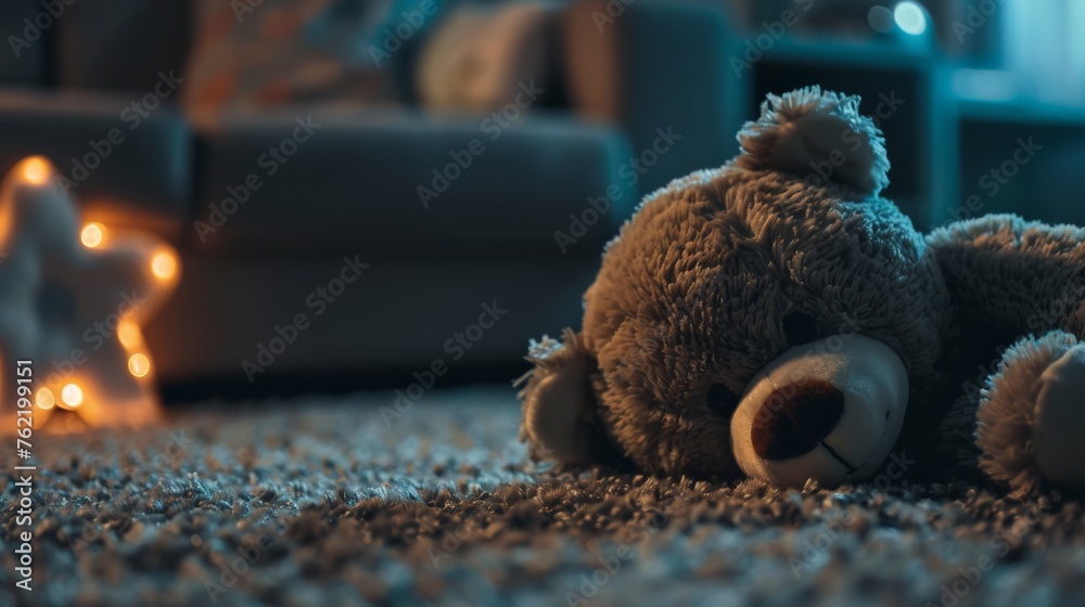 Teddy bear is laying down on carpet in cinematic tone, Dramatic shot of ...