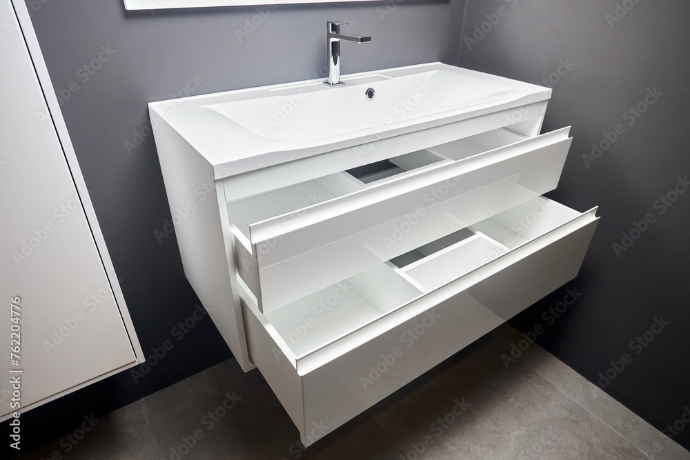 Integrated basin white countertop bathroom with horizontal drawer with ...