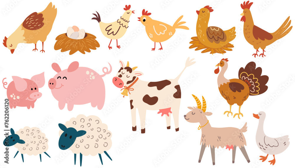 Farm animals set. Variety of funny farm animals in a cartoon flat style ...