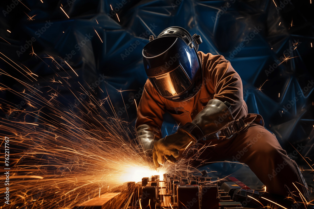 Welder in protective gear, illuminated by glow of their welding torch ...