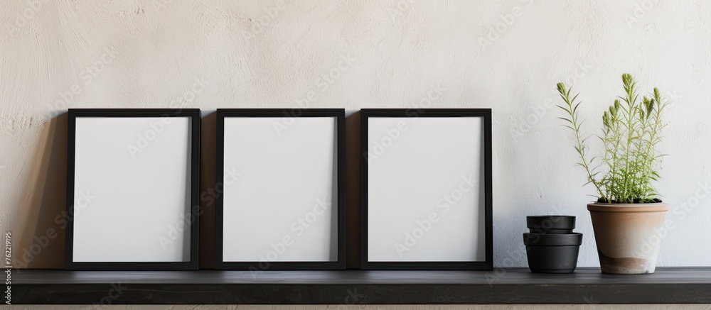 Three rectangular picture frames in wood and metal sit on a shelf next ...