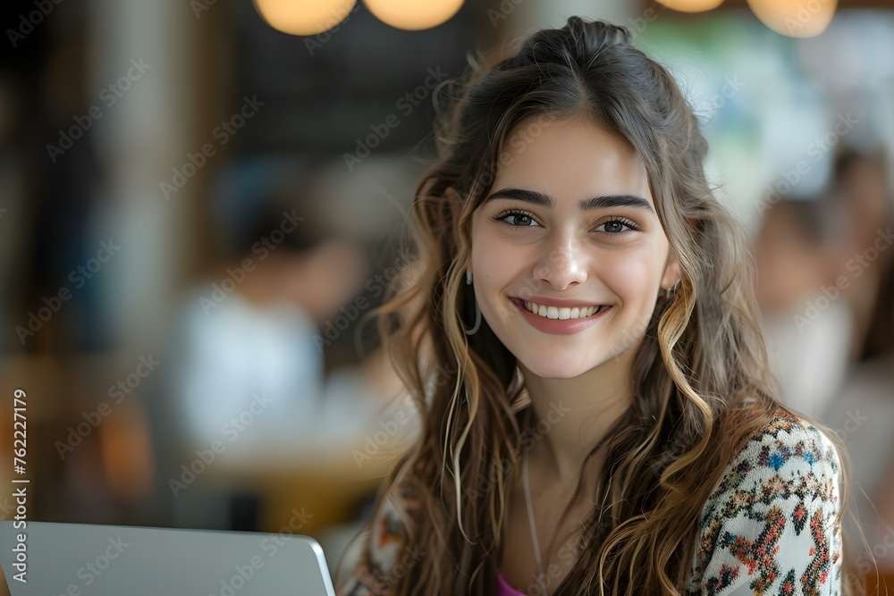 Smiling student utilizing laptop in a versatile learning environment ...