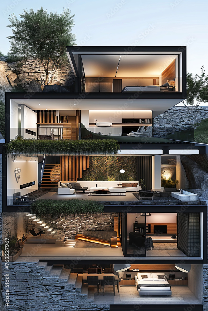 Cross-section view of an interior design of a house Stock Illustration ...