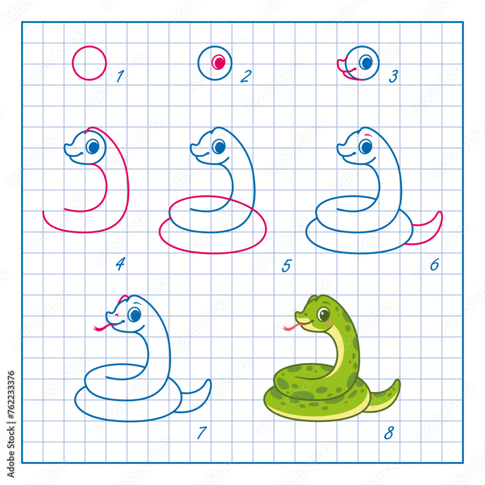 How to Draw Snake, Step by Step Lesson for Kids cartoon vector ...