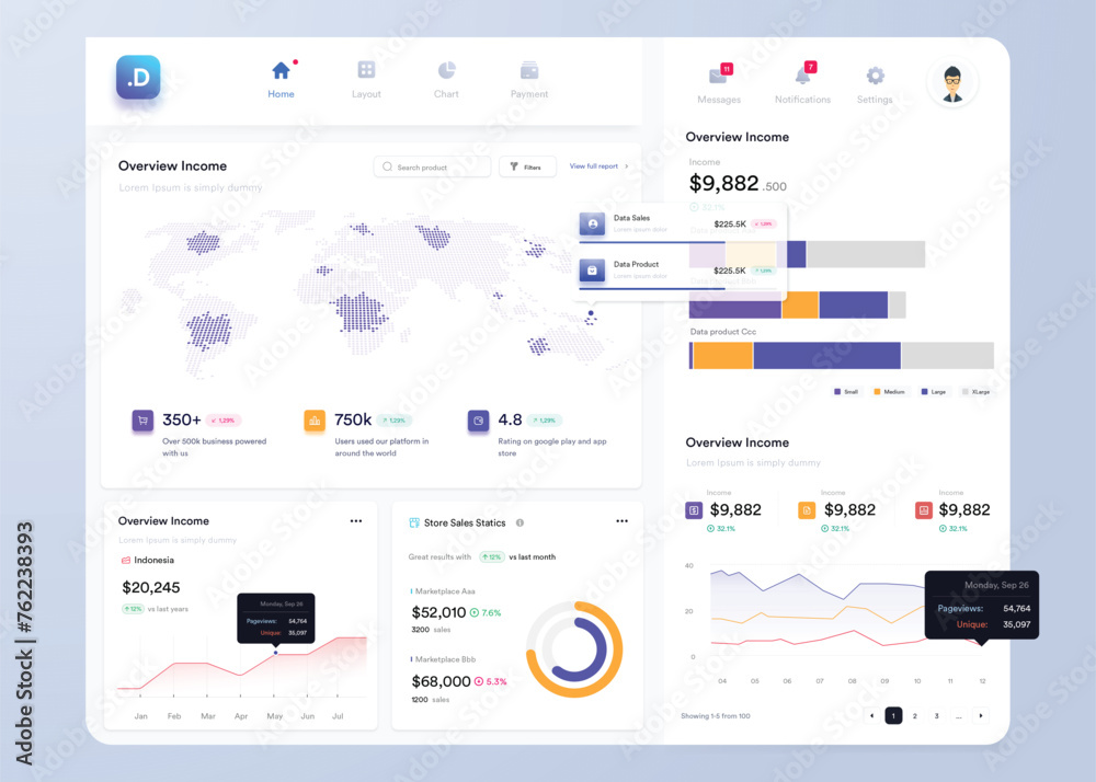 UI UX Infographic dashboard. UI design with graphs, charts and diagrams ...