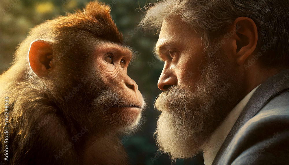Face to face between a monkey and a man. Close-up of a man with a beard ...