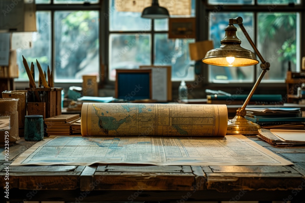 Antique rolled-up map surrounded by various old artifacts laid out on a ...