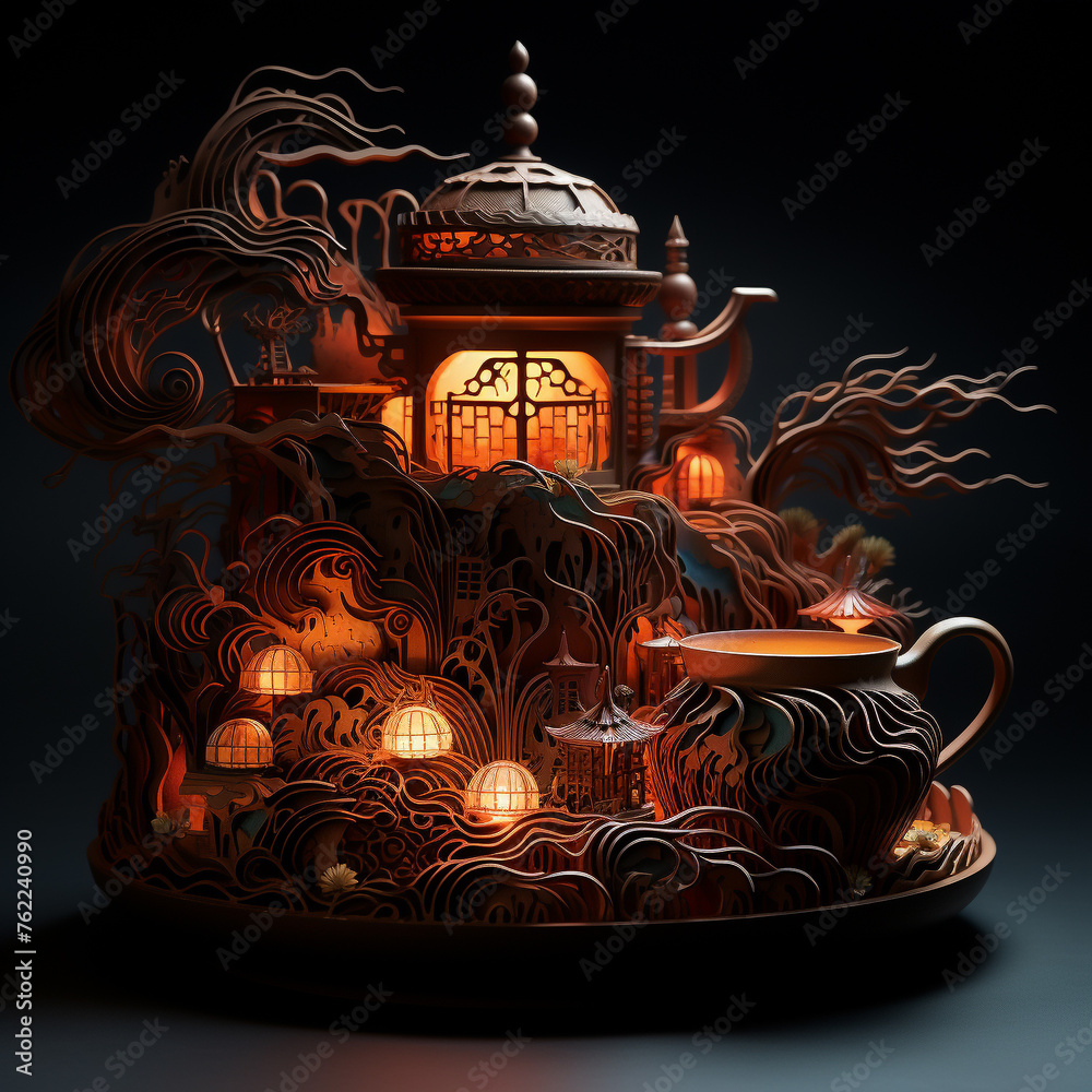 Detailed imagery of a hell-inspired tea service with laser-cut designs ...