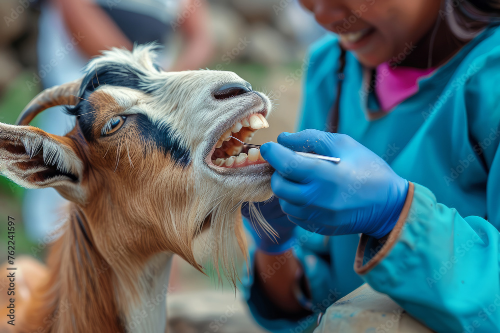 A goat is being treated by a veterinarian. The goat has a toothache ...
