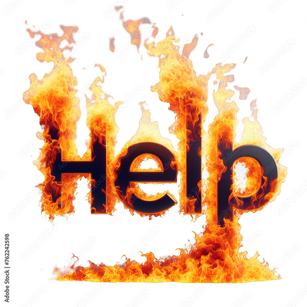 word HELP on fire, isolated on transparent background, front view ...