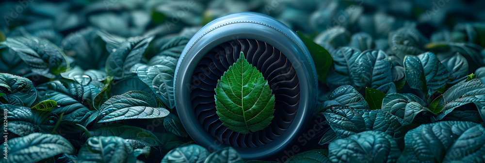 Close up of a jet engine with a green leaf symbol, An enigmatic ...