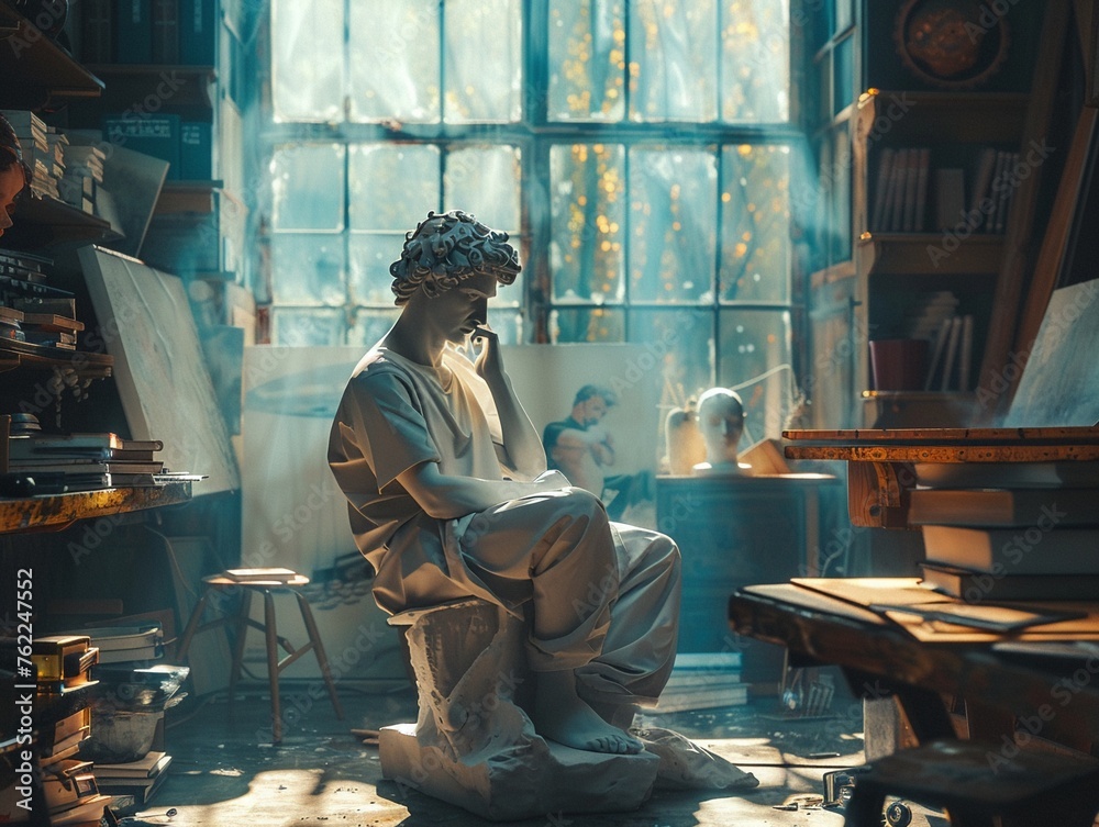 Inside a cozy art studio, an artist is meticulously sculpting a statue ...