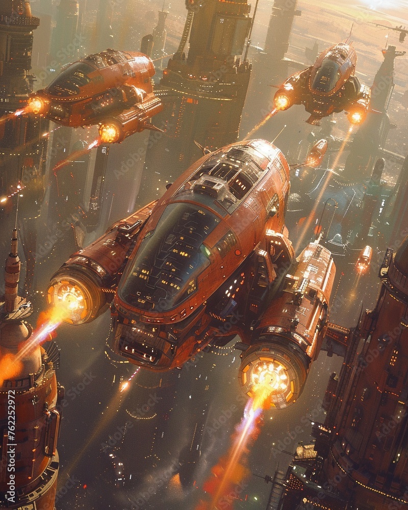 From a high-angle view, we see a busy spaceport teeming with spacecraft ...