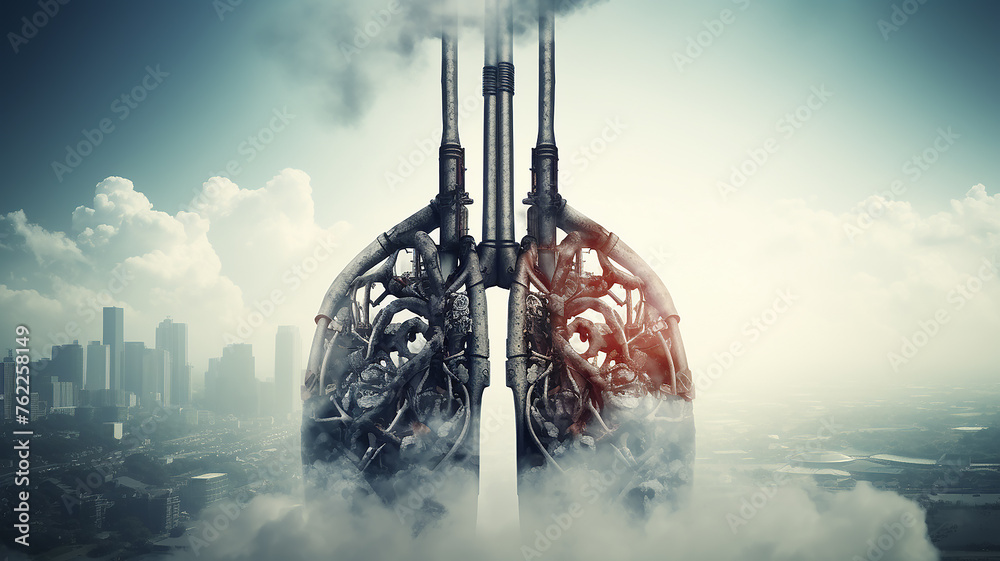 carbon footprint, smoke pollution of the atmosphere, pipes with smoke ...