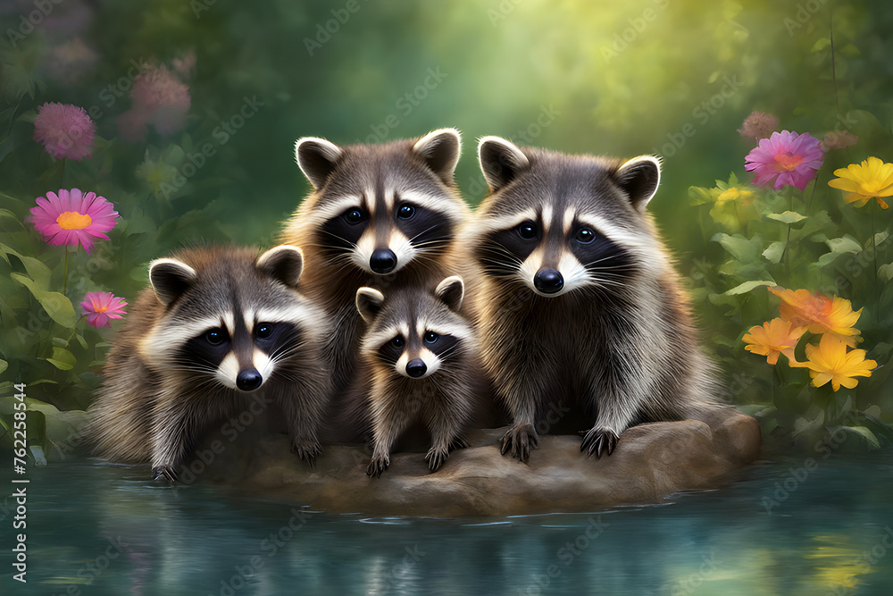 Family of fluffy raccoons at the garden pond. Adorable and precious ...