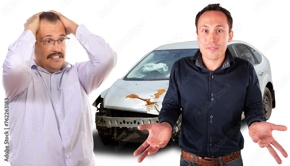 Collage with drivers after an accident, emotions, broken car on white ...