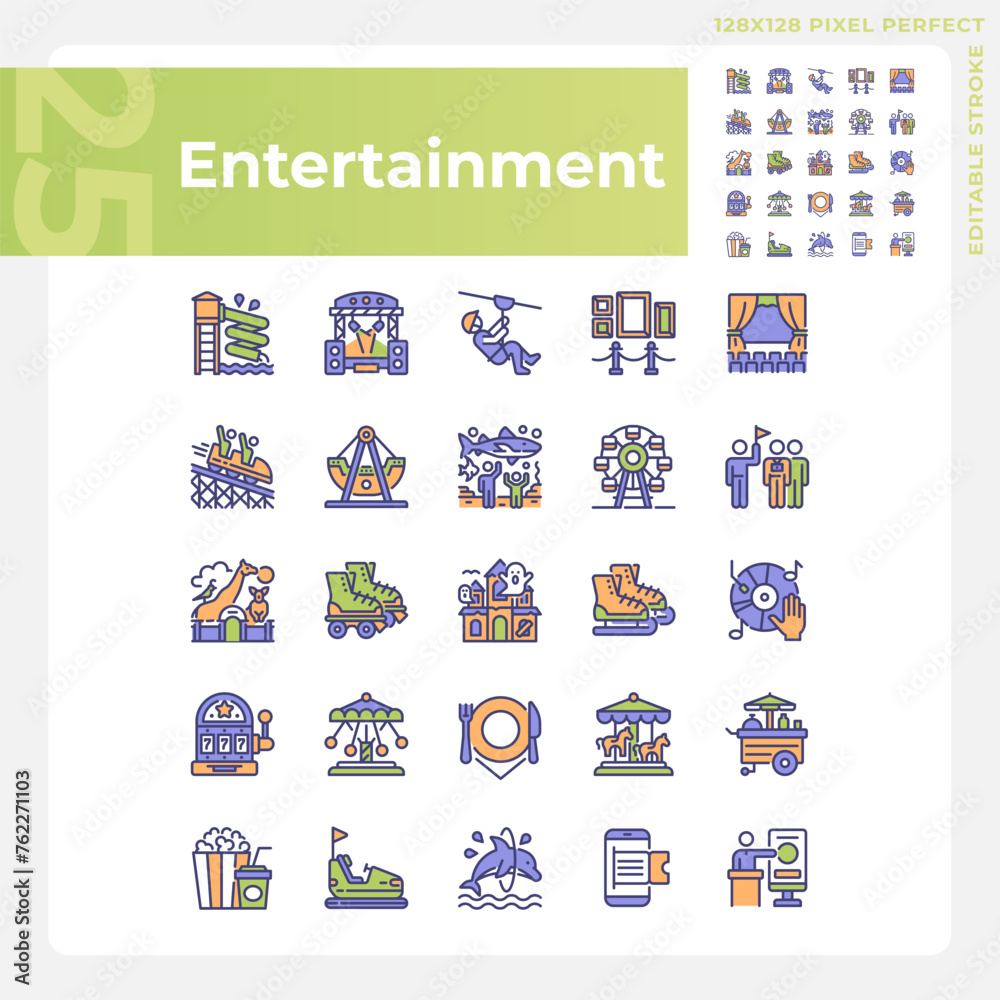 Entertainment activities pixel perfect RGB color icons set. Amusement ...