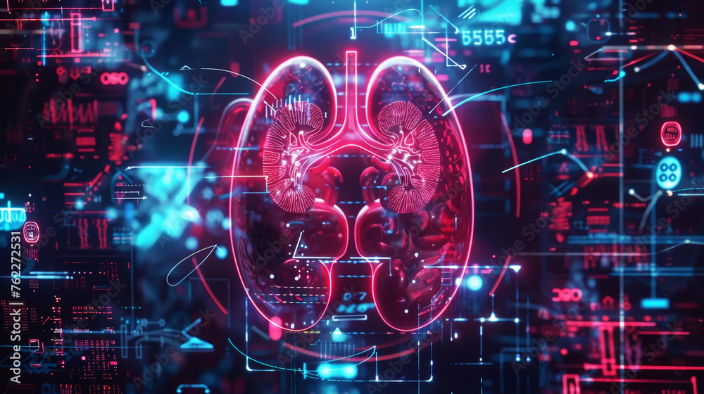 Dark 3d futuristic model of human kidneys, nephrology healthcare ...