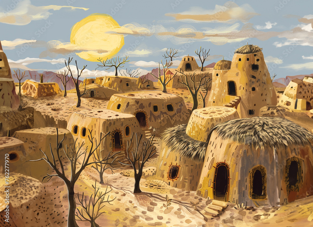 Illustration drawing of a primitive village with mud huts, empty street ...