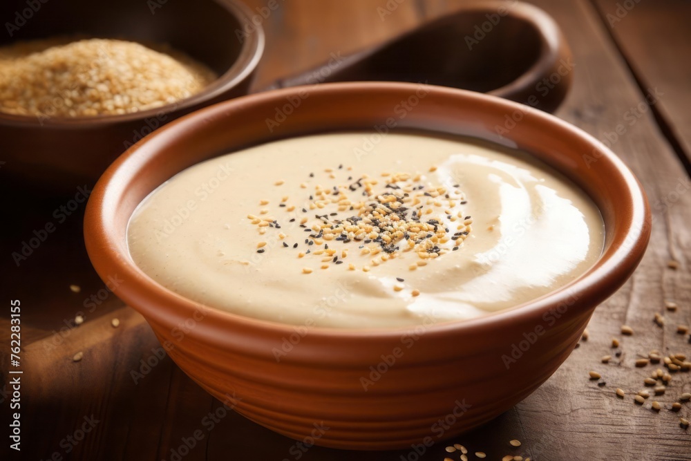 Tahini or tahina is an Arab condiment made from toasted ground hulled ...