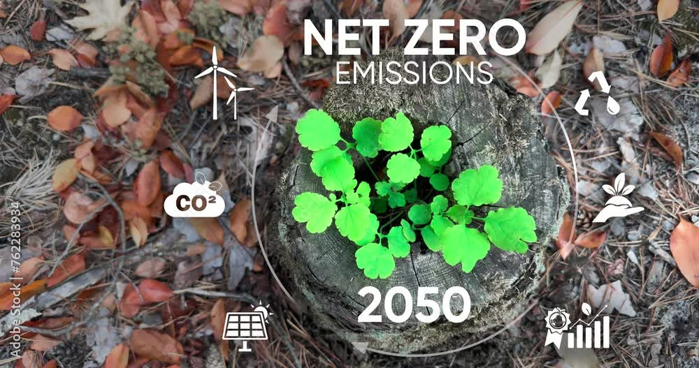 Net zero emissions and carbon neutral concept. Net zero icons In Green Forest With Sunlight. Net ...