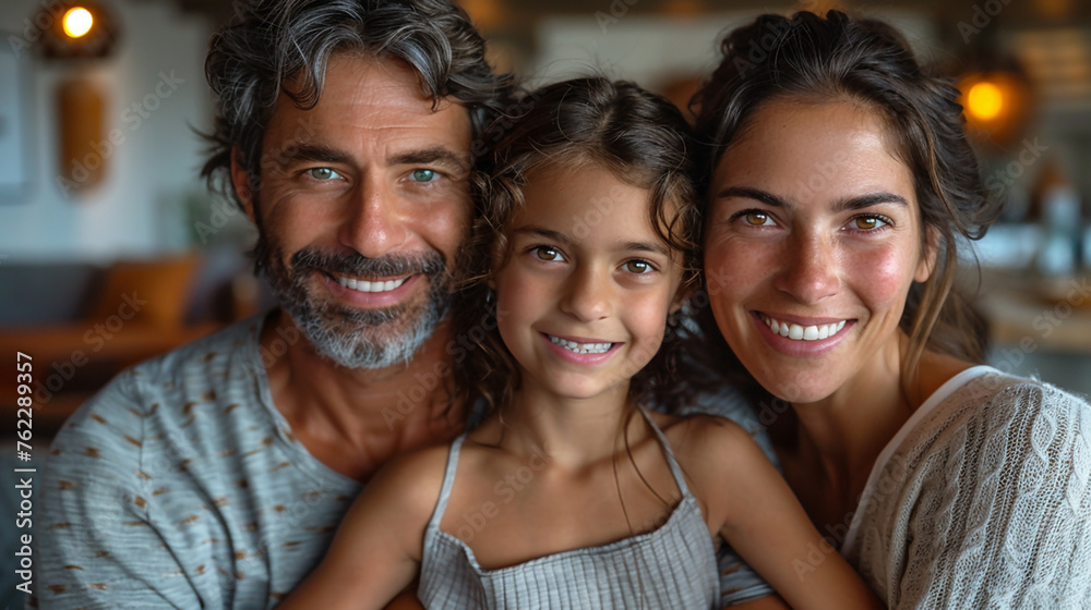 Beautiful small family photo with mom dad and a little girl looking at ...