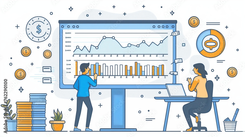 Two persons man and woman with a trading economy statistics chart ...