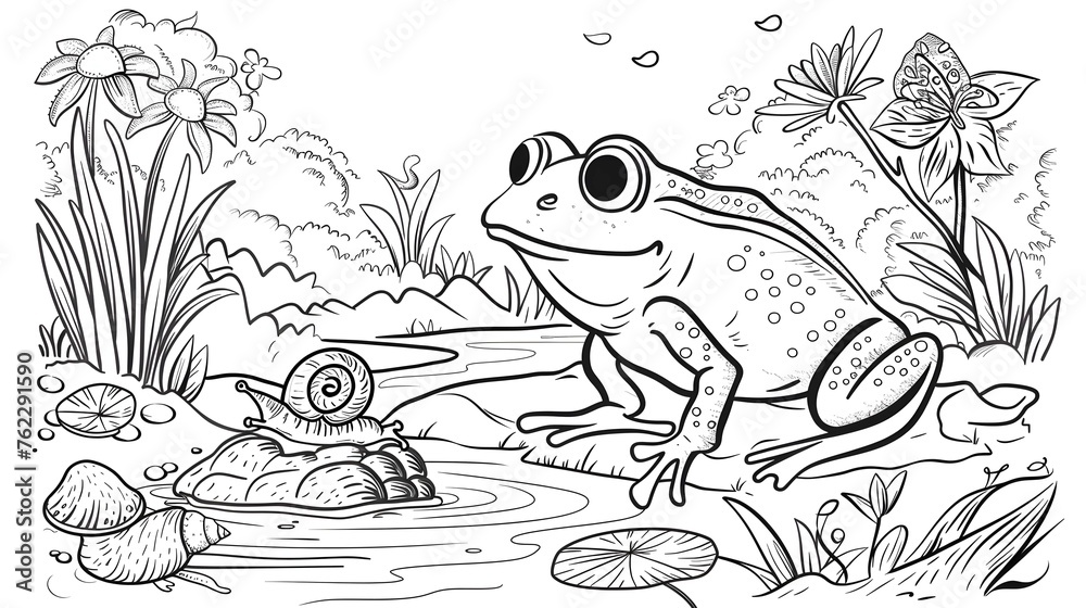 Coloring Page of frog with snail in a beautiful landscape - Coloring ...