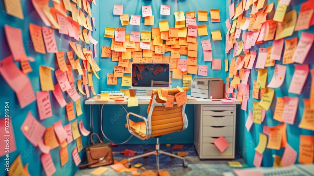 A desk covered in post-it notes with a computer placed on top, creating ...