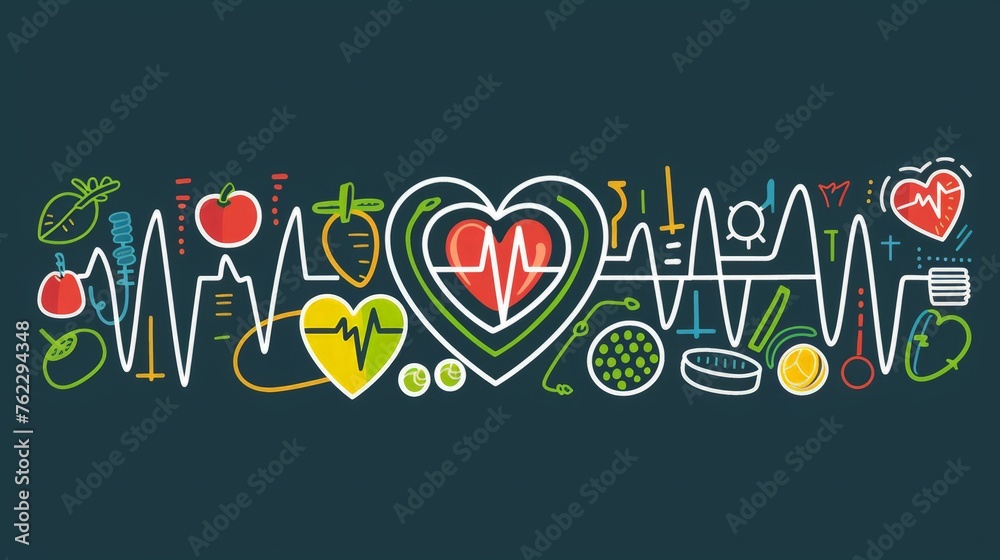Heart health care symbols. Healthy food and fitness leads to healthy ...