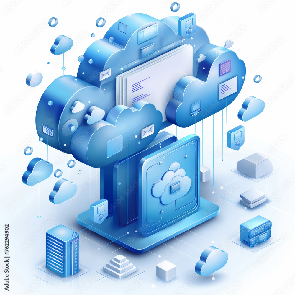 Isometric illustration of a vibrant digital cloud ecosystem, showcasing ...