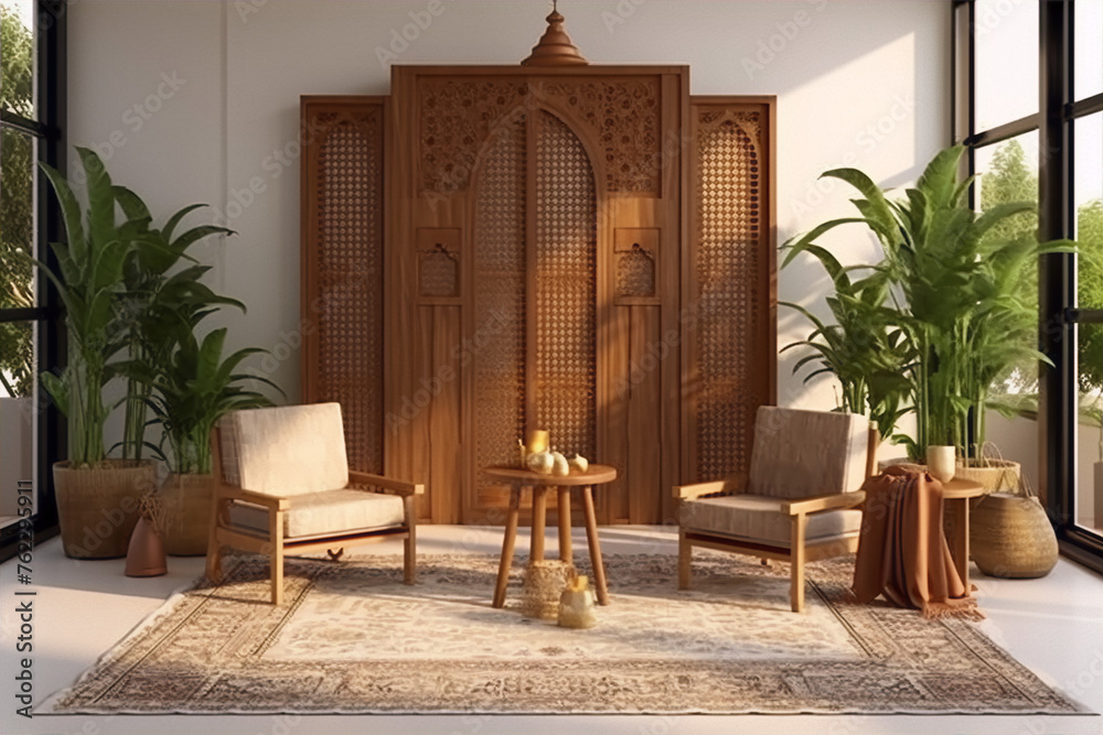 Carved wooden partition wall with intricate geometric patterns in a ...