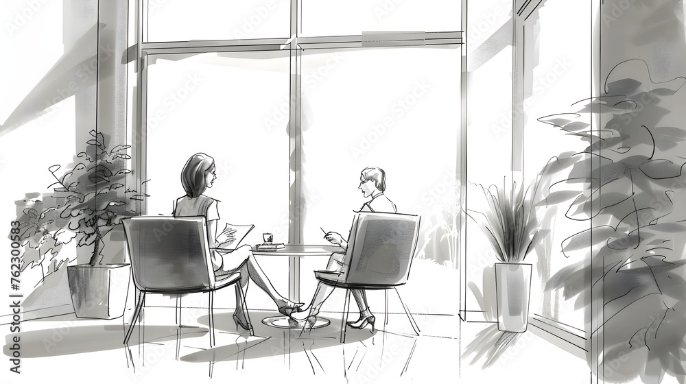 Presentation illustration drawing of lady discussing with a client in ...