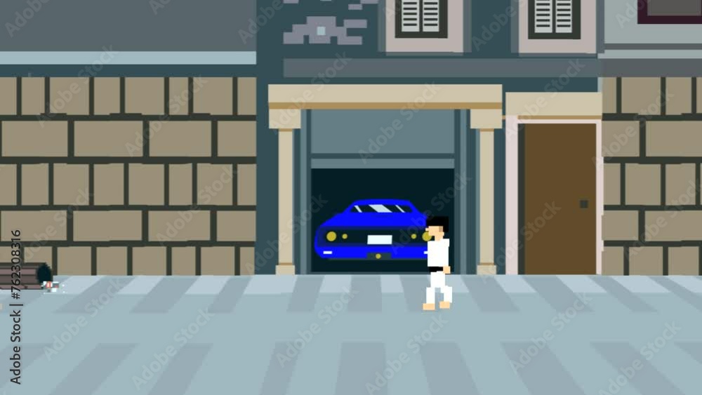 Game animation in 8-bit style of street fight walking with buildings in ...