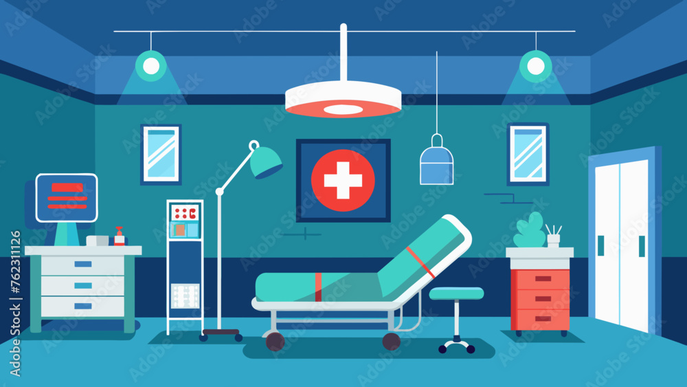 A specialized trauma room with bright lights and a wellorganized layout ...