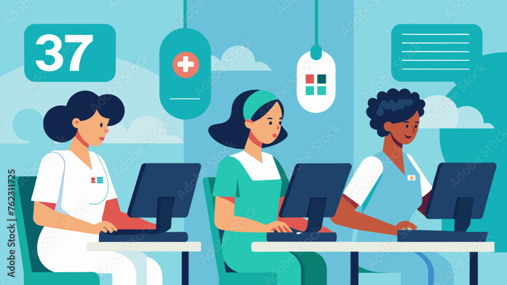 The charting area is a quiet and focused space with nurses typing on ...