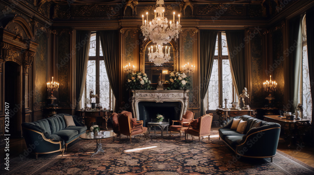Ornate and opulent drawing room with dark wood paneling, crystal ...