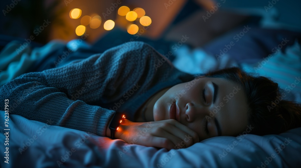 Person Sleeping Soundly In A Comfortable Bed With A Sleep Tracker On