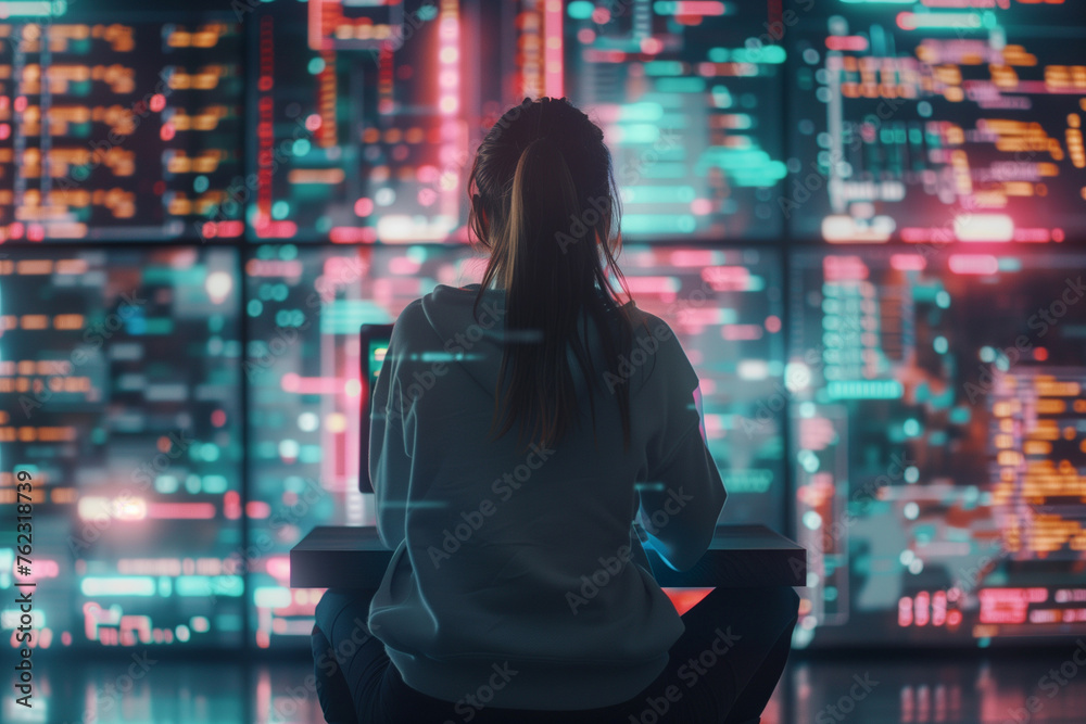Female Developer Thinking and Typing on Computer Surrounded by Big ... Female Developer Thinking and Typing on Computer Surrounded by Big ...