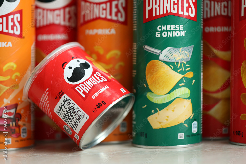 KYIV, UKRAINE - FEBRUARY 27, 2024 Pringles original potato chips on ...