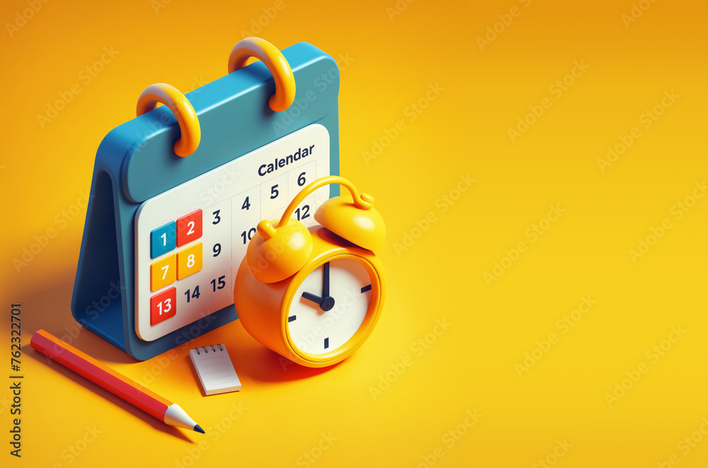 Calendar with marked date for event meeting, reminder yellow clock for ...