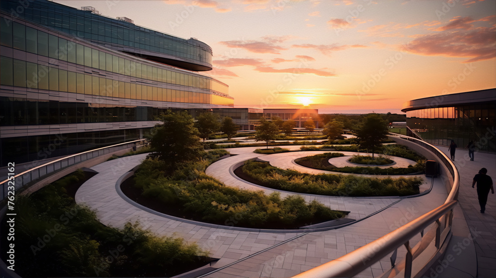 sunset over a modern university campus with a curved walkway and green ...