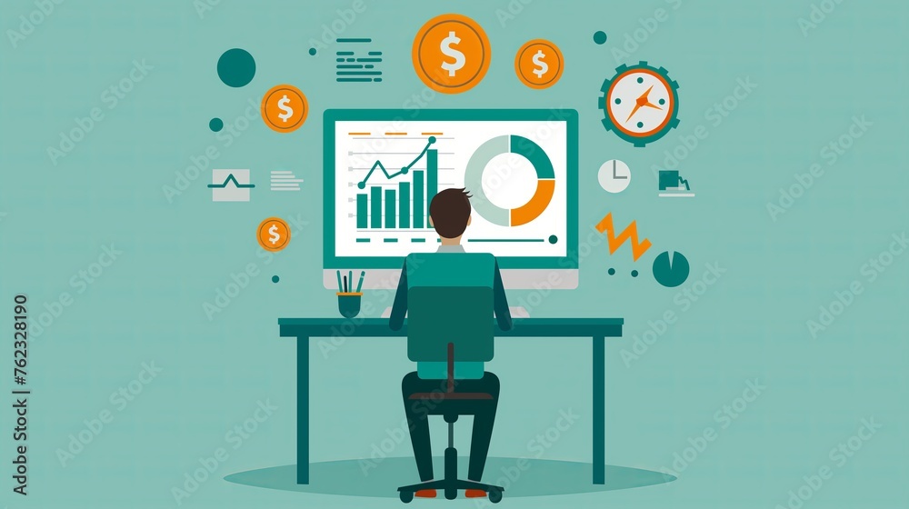 Man working at her desk with a laptop, financial flat cartoon ...