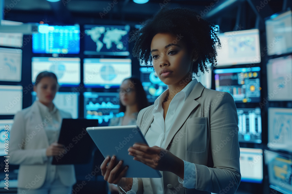 Young Multiethnic Female Government Employee Uses Tablet Computer in ...