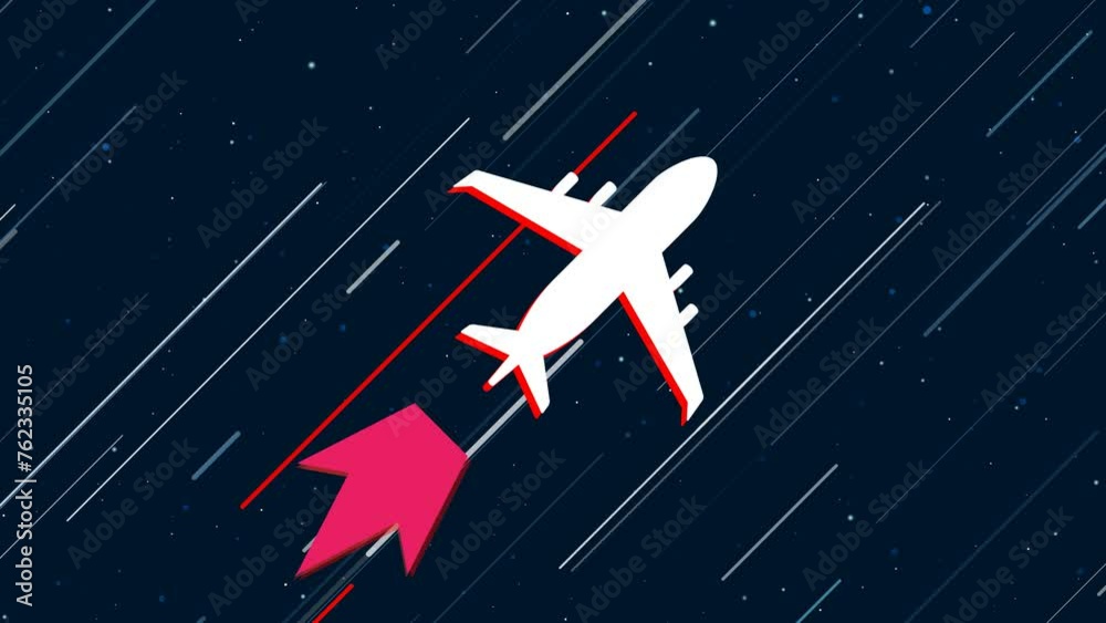 Airplane symbol flies through the universe on a jet propulsion. The ...